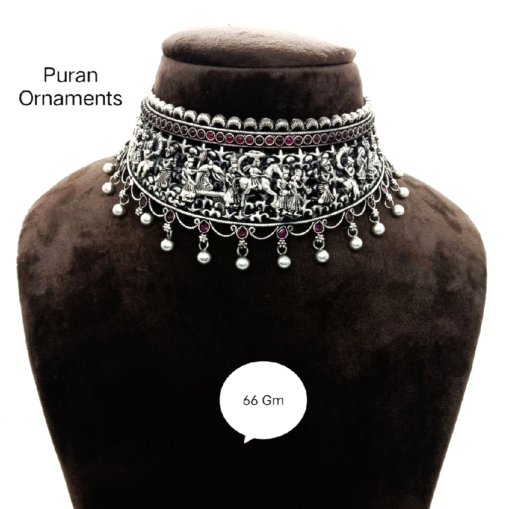 Buy quality Pure silver temple chokar necklace in antique polish in New ...