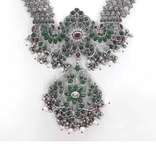 Buy quality Pure silver temple haram necklace with gemstones po-216-44 ...